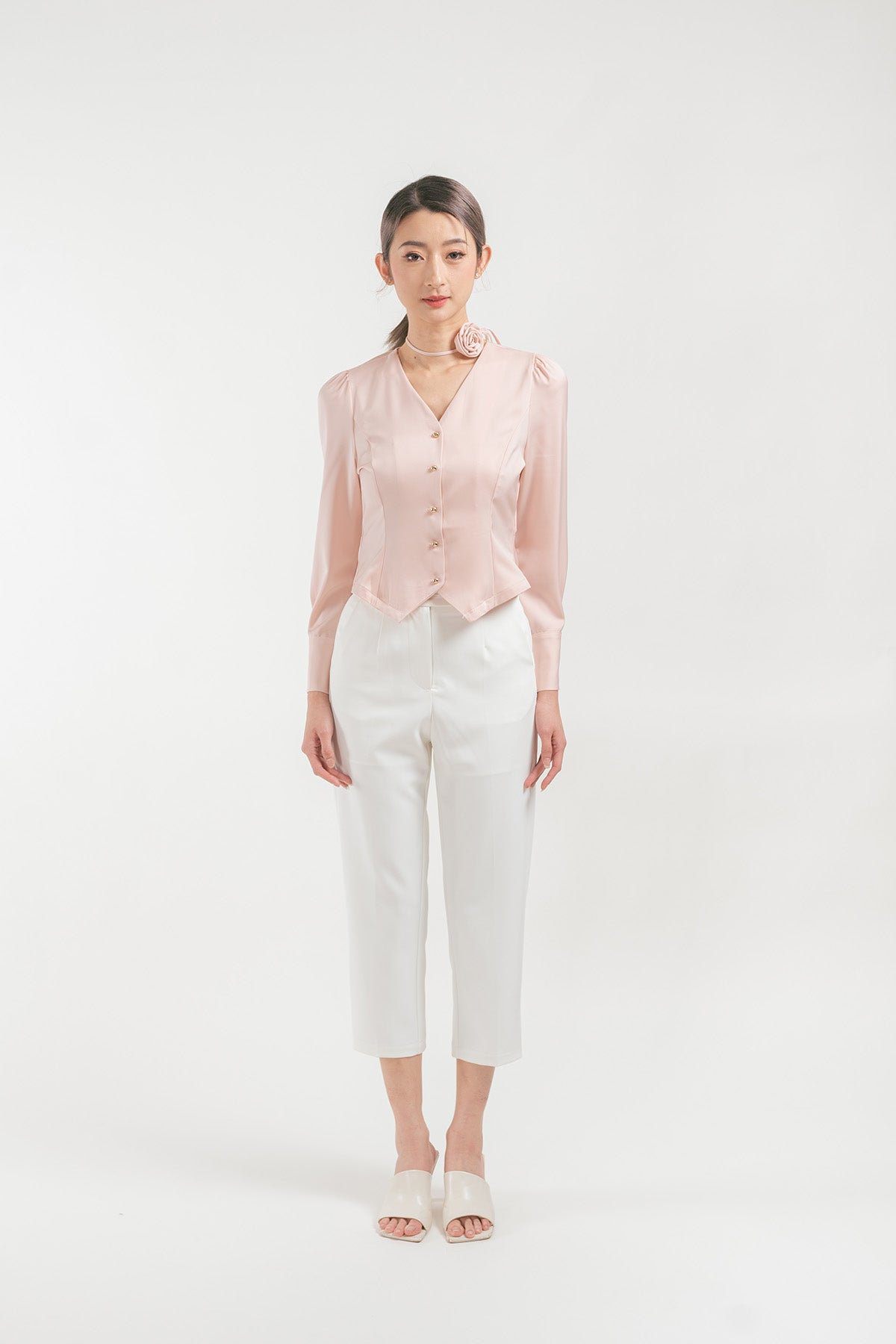 Millia Satin Rose Ribbon Tie Blouse – 26 INCHI